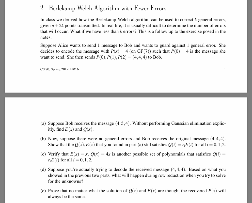 2 Berlekamp-Welch Algorithm with Fewer Errors In | Chegg.com