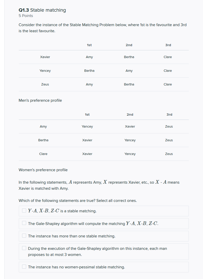 Solved Q1.3 Stable matching 5 Points Consider the instance | Chegg.com