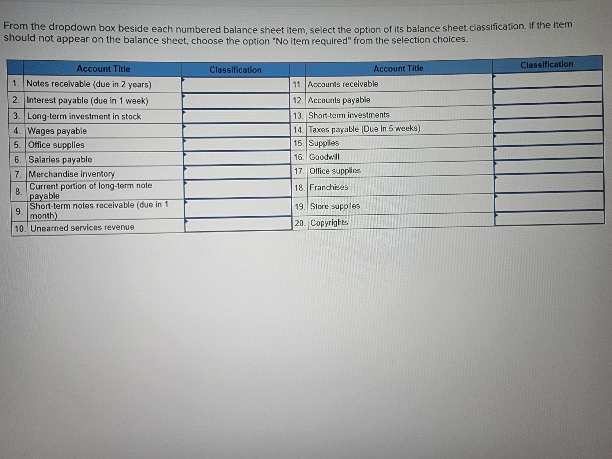 Solved From the dropdown box beside each numbered balance | Chegg.com