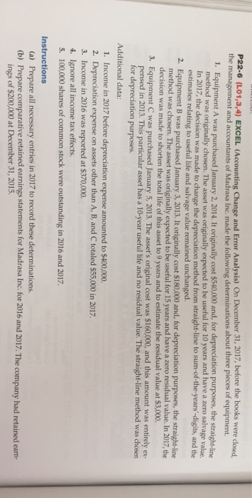 Solved P22-6 (L01.3,4) ExCEL (Accounting change and Error | Chegg.com