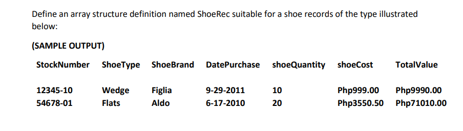 Solved Define an array structure definition named ShoeRec | Chegg.com