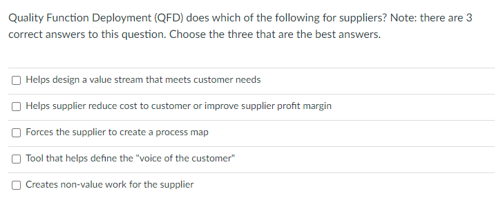 Solved Quality Function Deployment (QFD) does which of the | Chegg.com