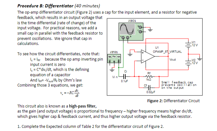 XSC1 Procedure B: Differentiator (40 minutes) The | Chegg.com