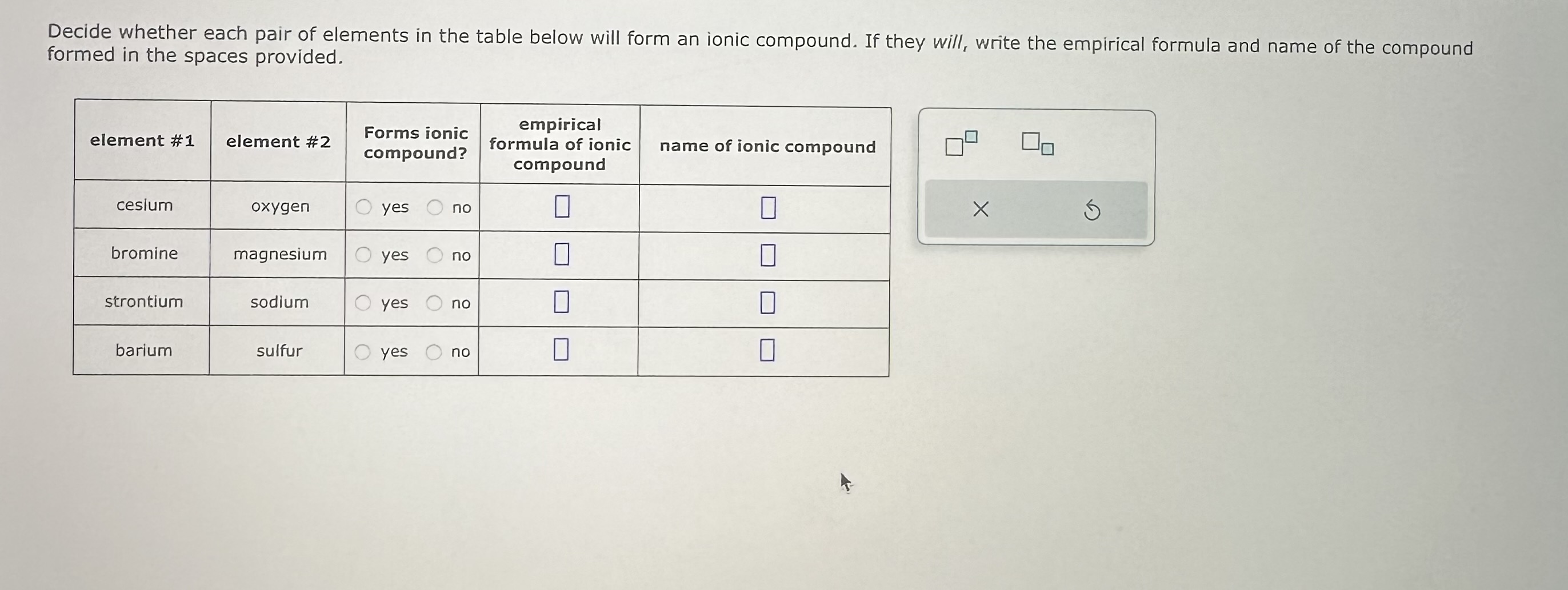 Solved Decide whether each pair of elements in the table | Chegg.com