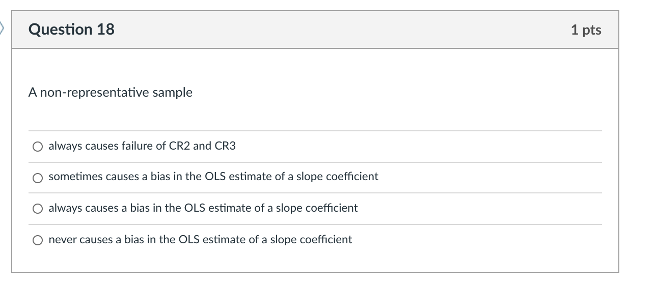 Solved Question 18 1 pts A non-representative sample always | Chegg.com