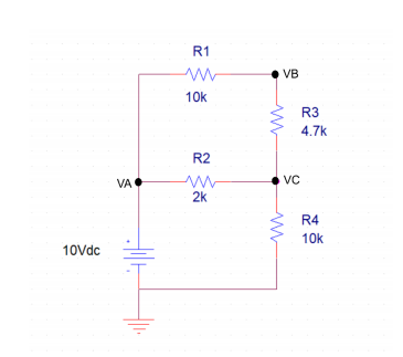 Solved R1 VB 10k R3 4.7k R2 VA VC 2k R4 10k 10Vdc | Chegg.com