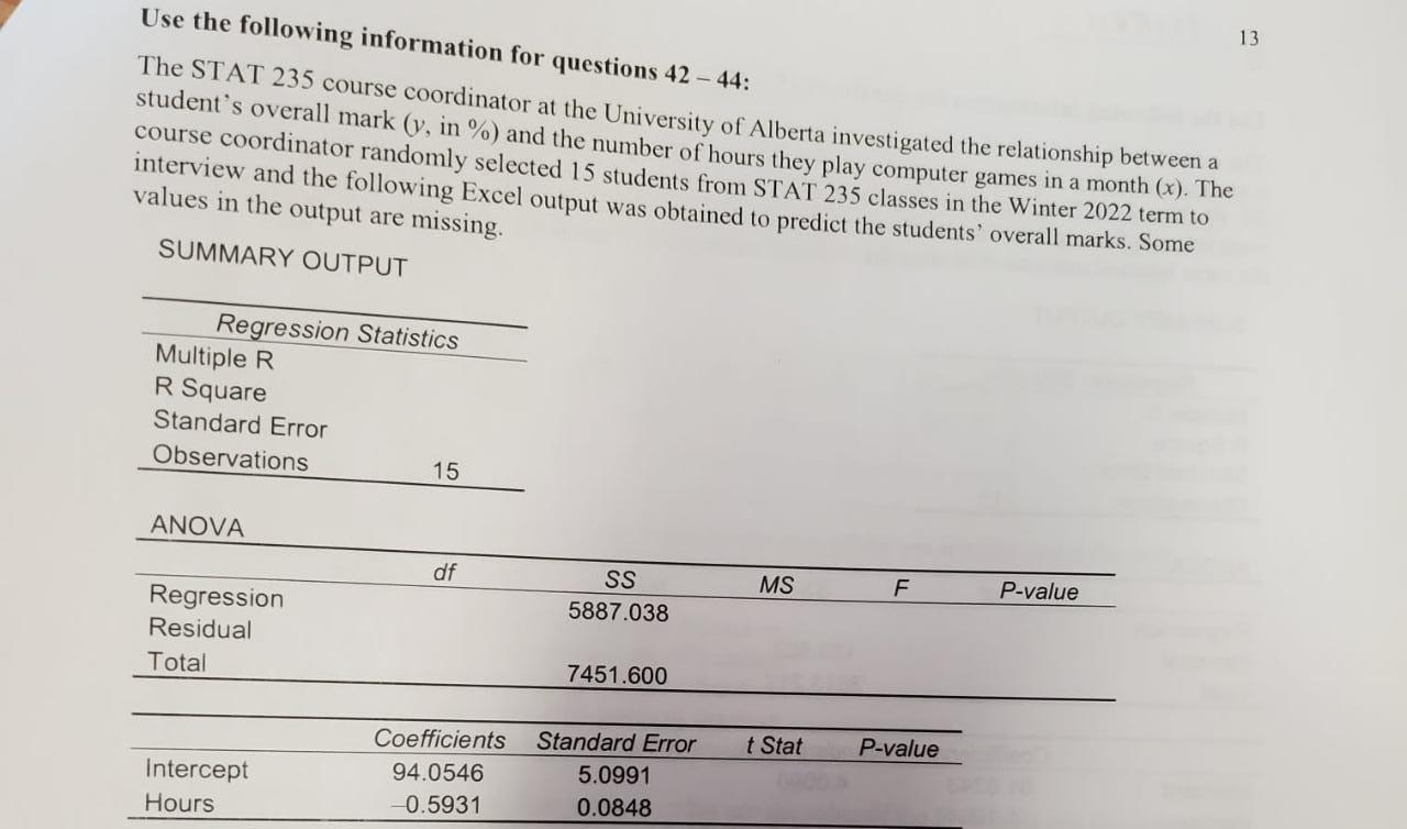 Solved Use the following information for questions 42−44 : | Chegg.com