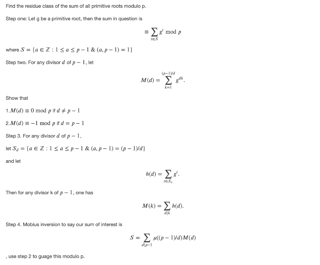 Find the residue class of the sum of all primitive | Chegg.com