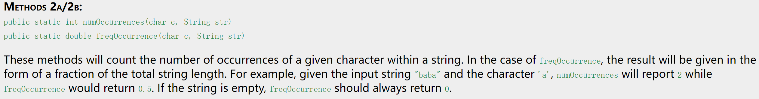 Solved METHODS 2A/2B: public static int numOccurrences (char | Chegg.com