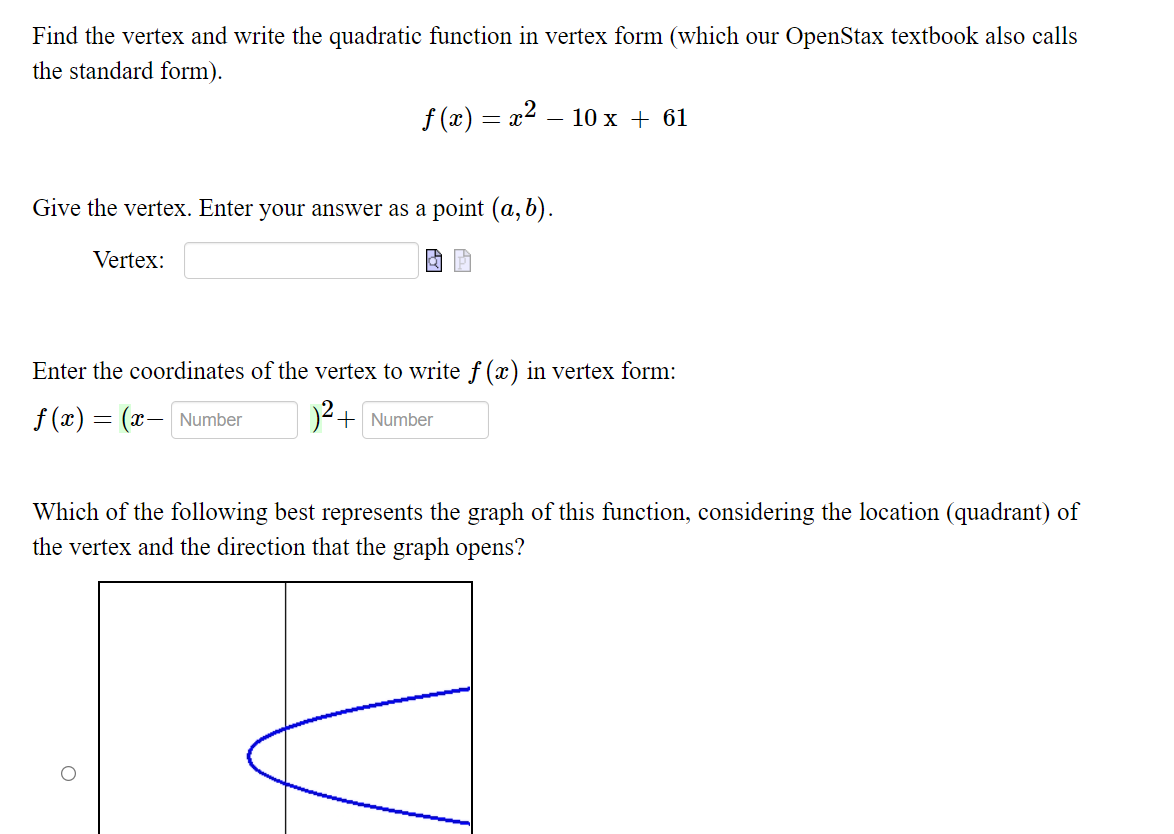 Solved Find the vertex and write the quadratic function in | Chegg.com