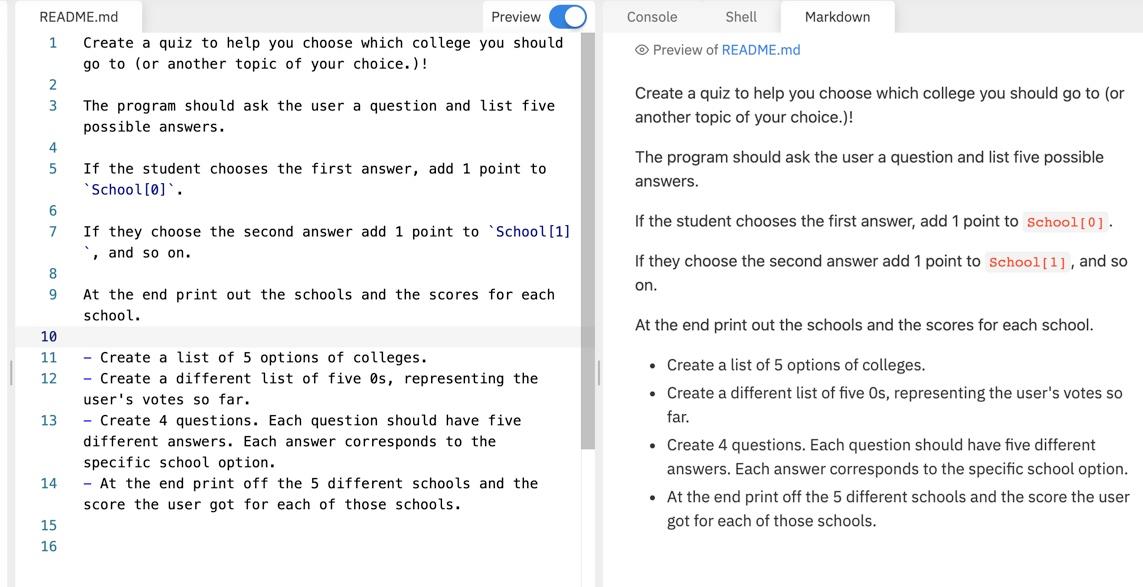 Solved Console Shell Markdown Preview of README.md Create a | Chegg.com