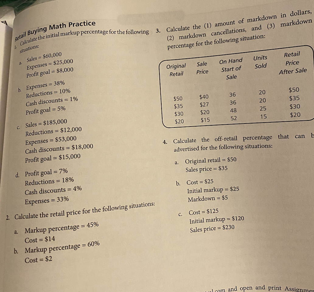 Solved Retail Buying Math Practice situations: 1. Calculate | Chegg.com
