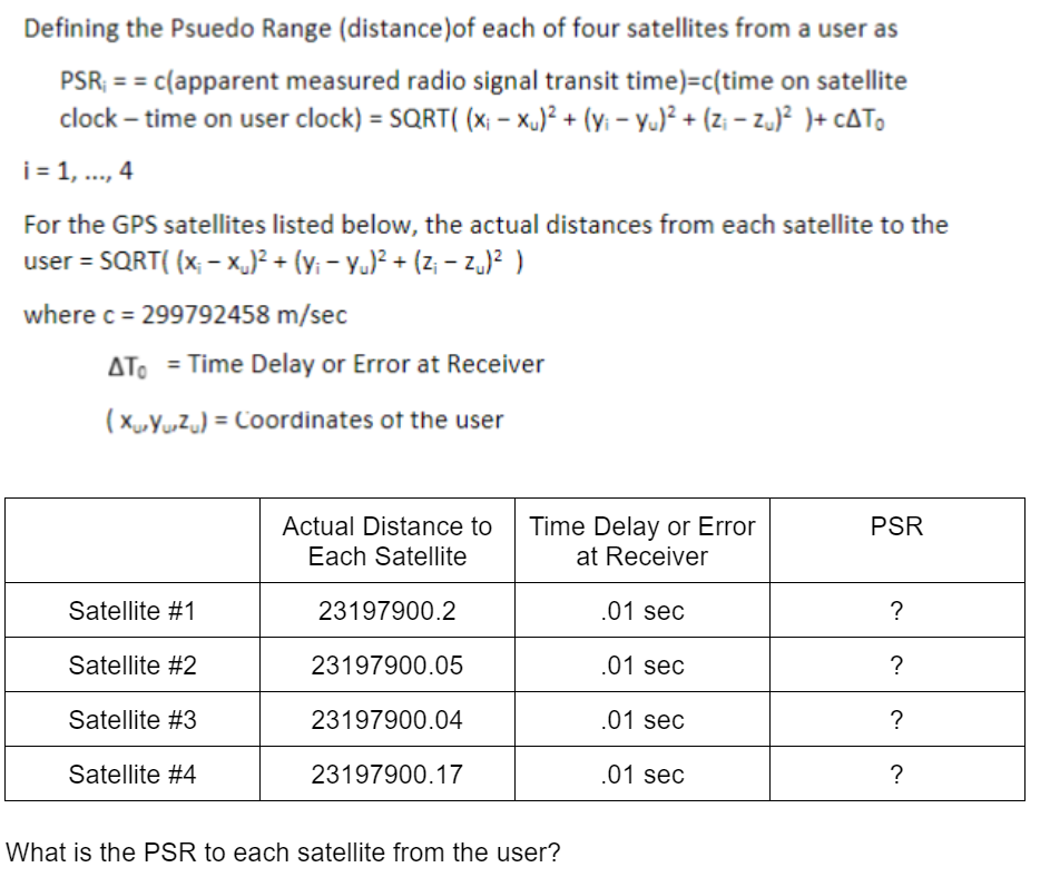 Solved Defining the Psuedo Range (distance) ﻿of each of four | Chegg.com