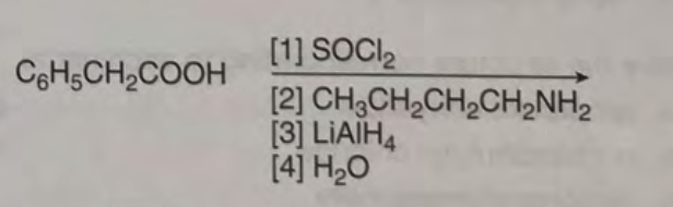 Solved C6H5CH2COOH[2]CH3CH2CH2CH2NH2[1]SOCl2[3]LiAlH4[4]H2O | Chegg.com