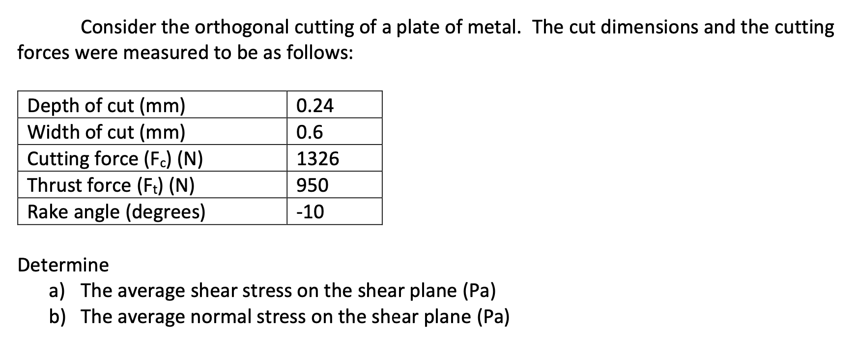 Solved Consider the orthogonal cutting of a plate of metal. | Chegg.com