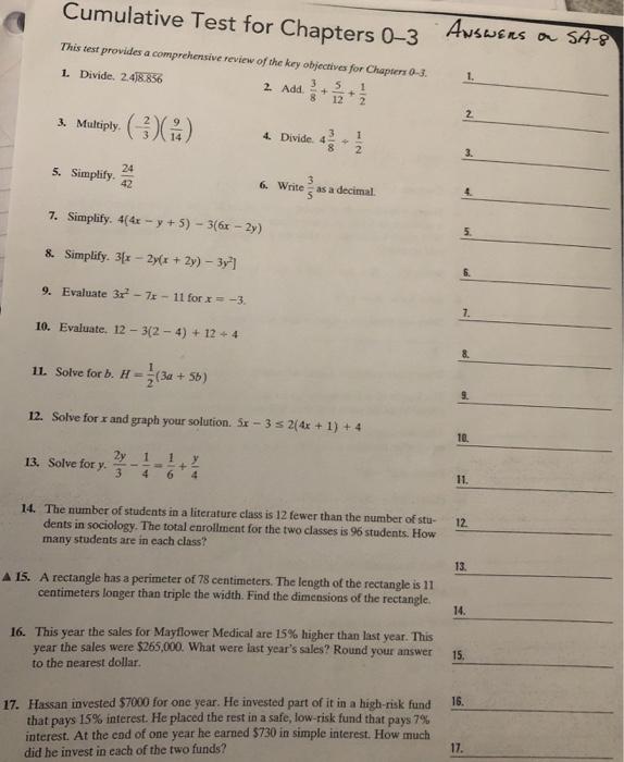 Solved Cumulative Test for Chapters 0-3 This test provides a | Chegg.com