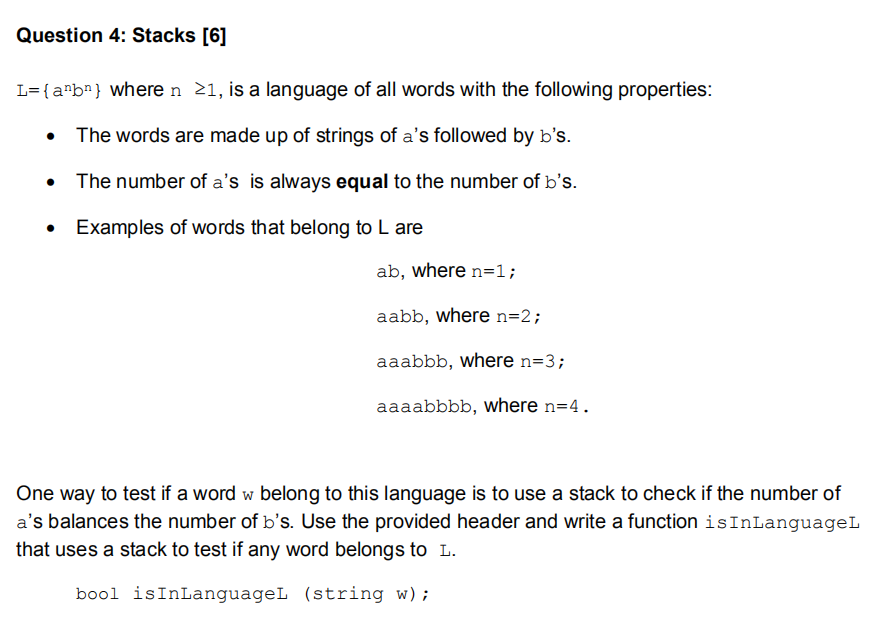 Question 4 Stacks 6 L Anbn Where N 21 Is A 