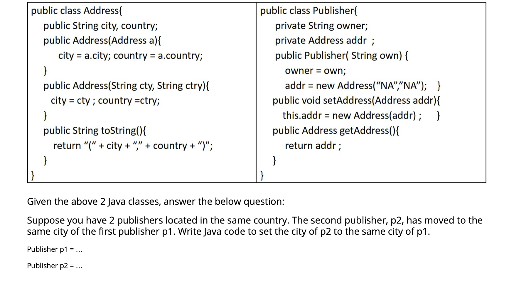 Solved public class Address{ public String city, country; | Chegg.com