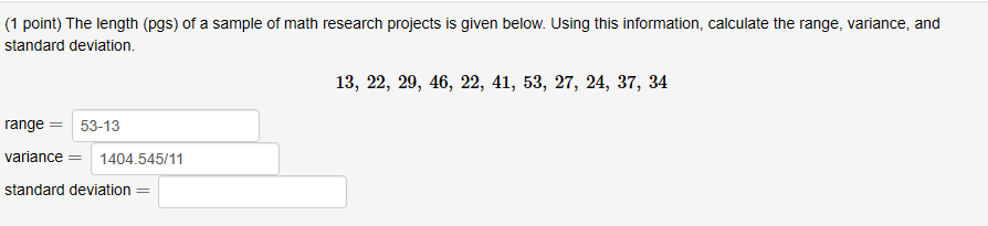 Solved (1 point) The length (pgs) of a sample of math | Chegg.com