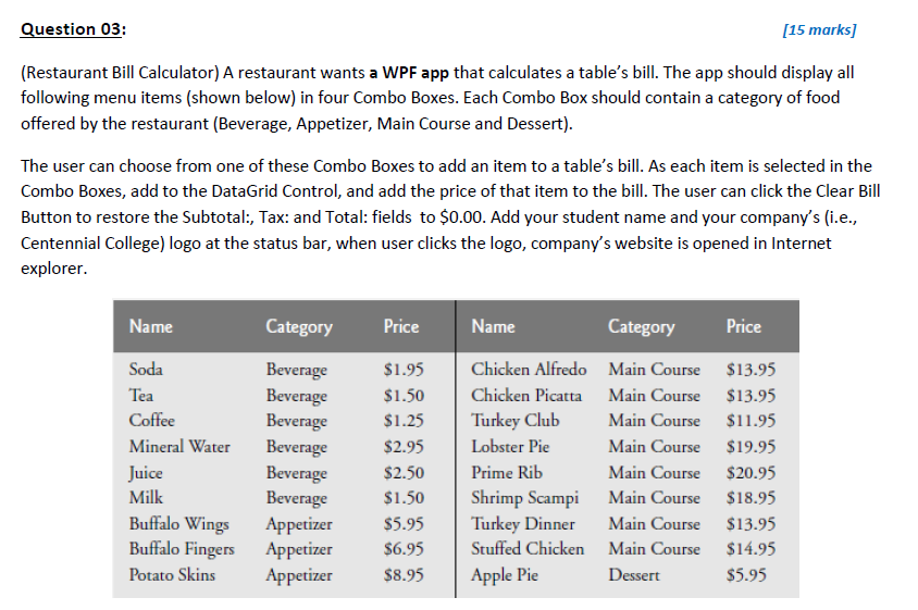 Solved Question 03: [15 marks] (Restaurant Bill Calculator) | Chegg.com
