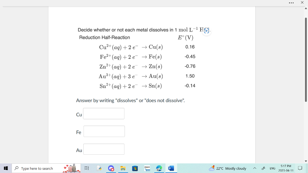 Solved Decide whether or not each metal dissolves in 1 mol | Chegg.com