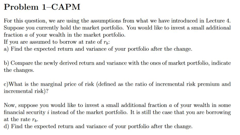 Solved Problem 1-CAPM For this question, we are using the | Chegg.com