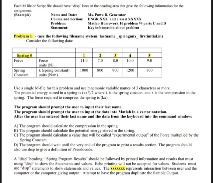 Solved Each M file or Script file should have "disp" lines | Chegg.com