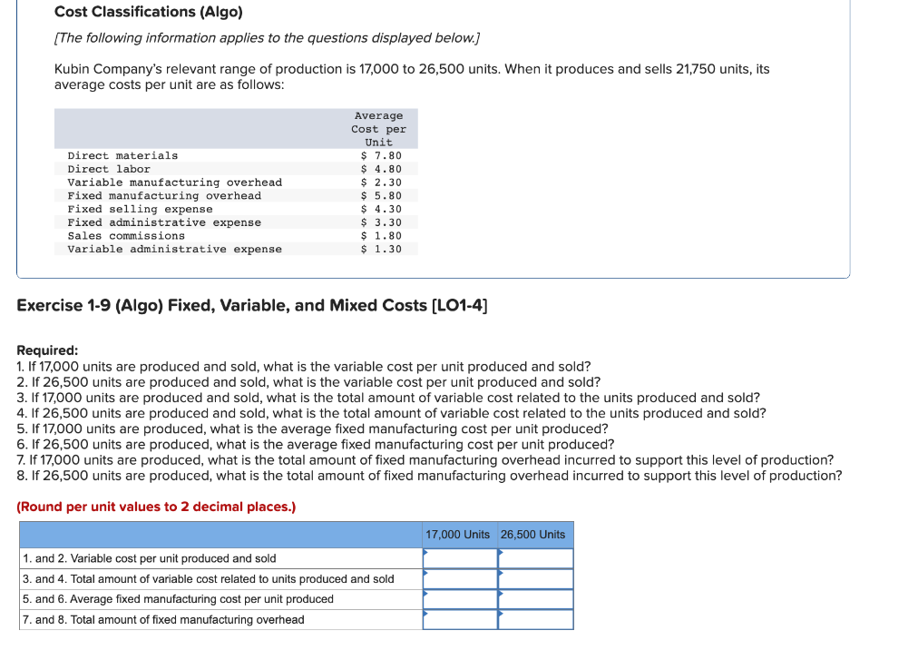 Solved Cost Classifications (Algo) [The following | Chegg.com