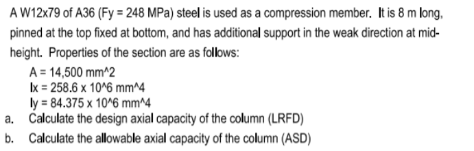 Solved A W12x79 of A36 ( Fy=248MPa ) steel is used as a | Chegg.com
