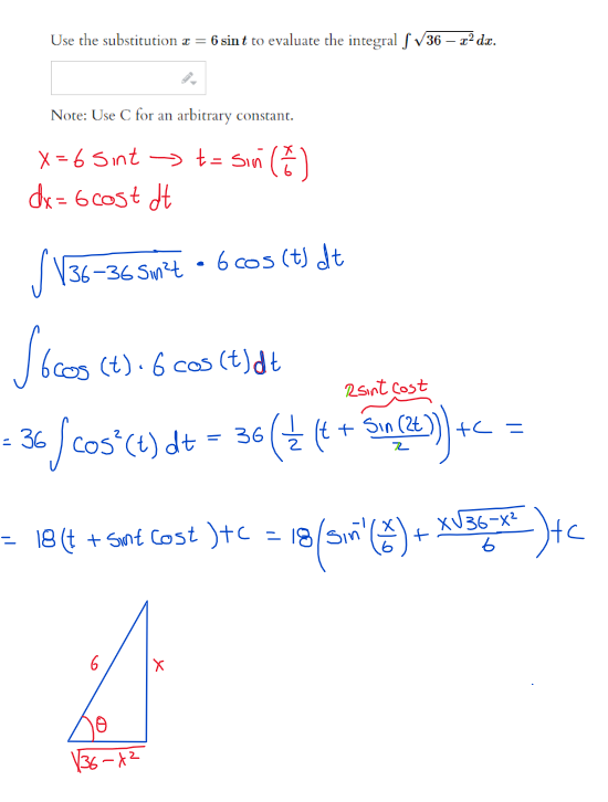 Solved Use the substitution x=6sint to evaluate the integral | Chegg.com