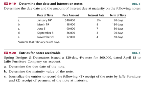 Solved EX 9-19 Determine due date and interest on notes OBJ. | Chegg.com