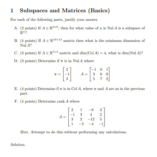 Solved 1 Subspaces and Matrices (Basics) For each of the | Chegg.com