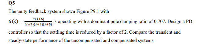 Solved Q5 The unity feedback system shown Figure P9.1 with | Chegg.com