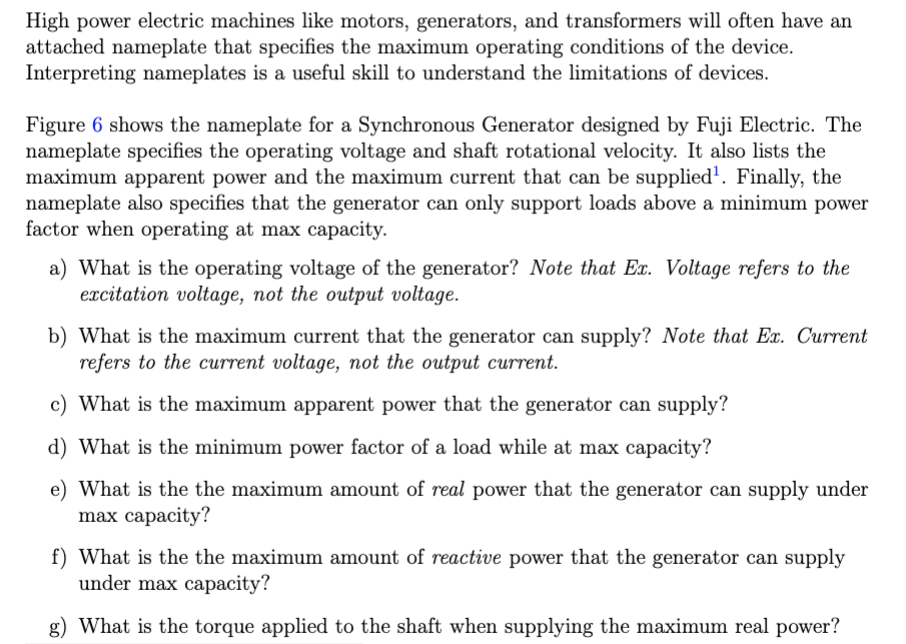 Solved Figure 6: Synchronous Generator Nameplate for Problem | Chegg.com
