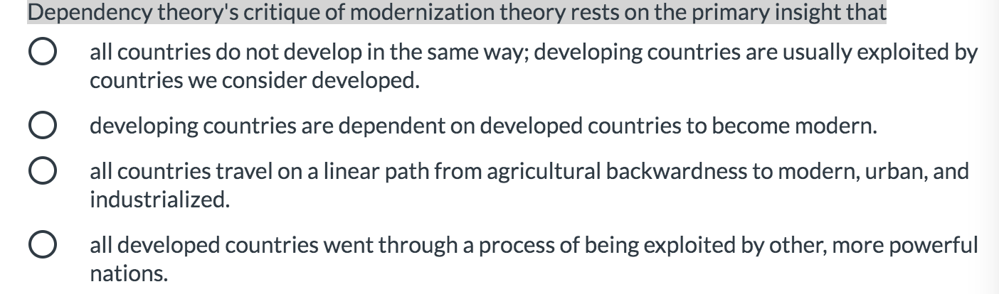 Solved Dependency theory's critique of modernization theory | Chegg.com