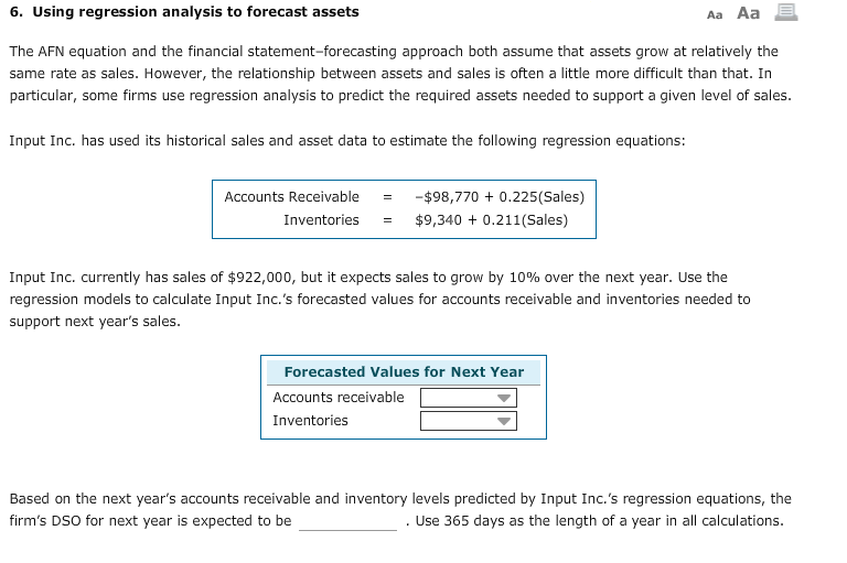 Solved 6. Using regression analysis to forecast assets Aa Aa | Chegg.com
