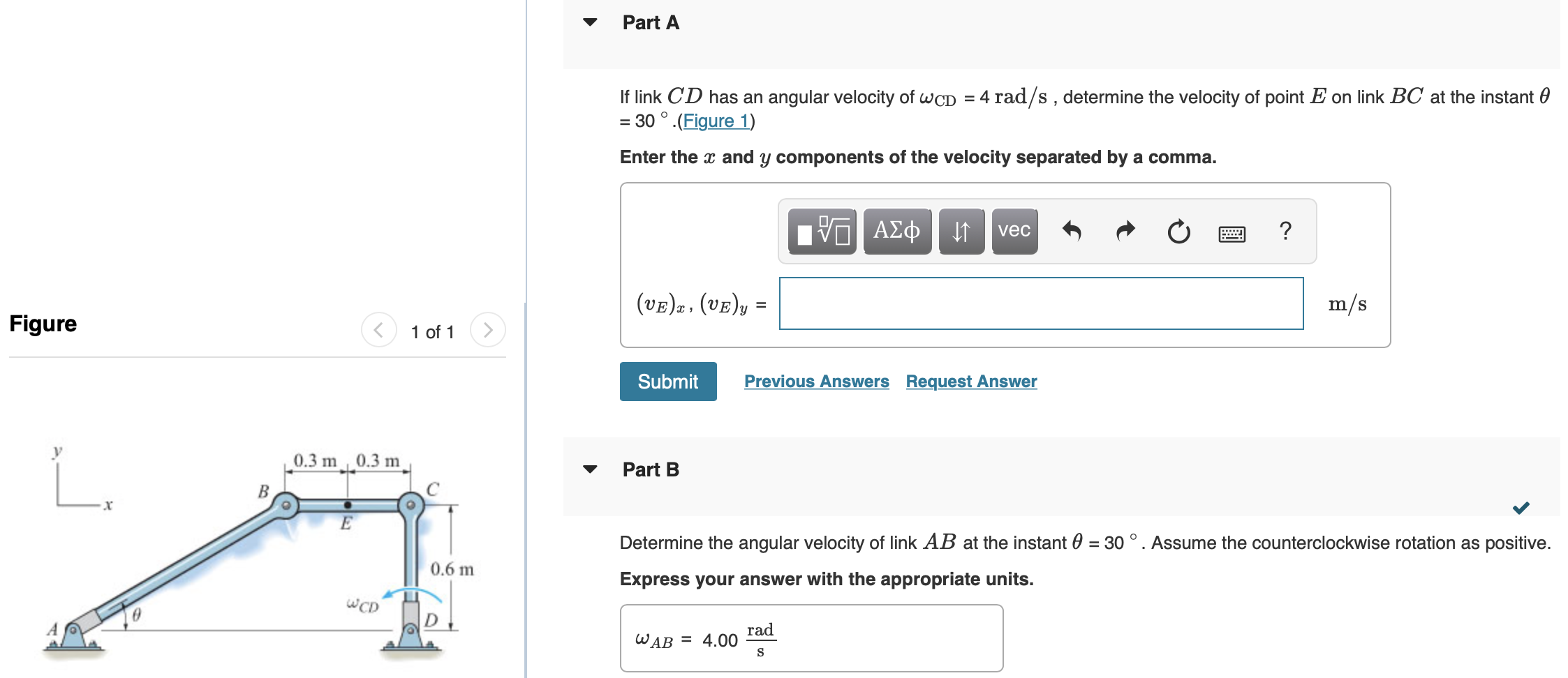 Solved Part A If link CD has an angular velocity of WCD = 4 | Chegg.com