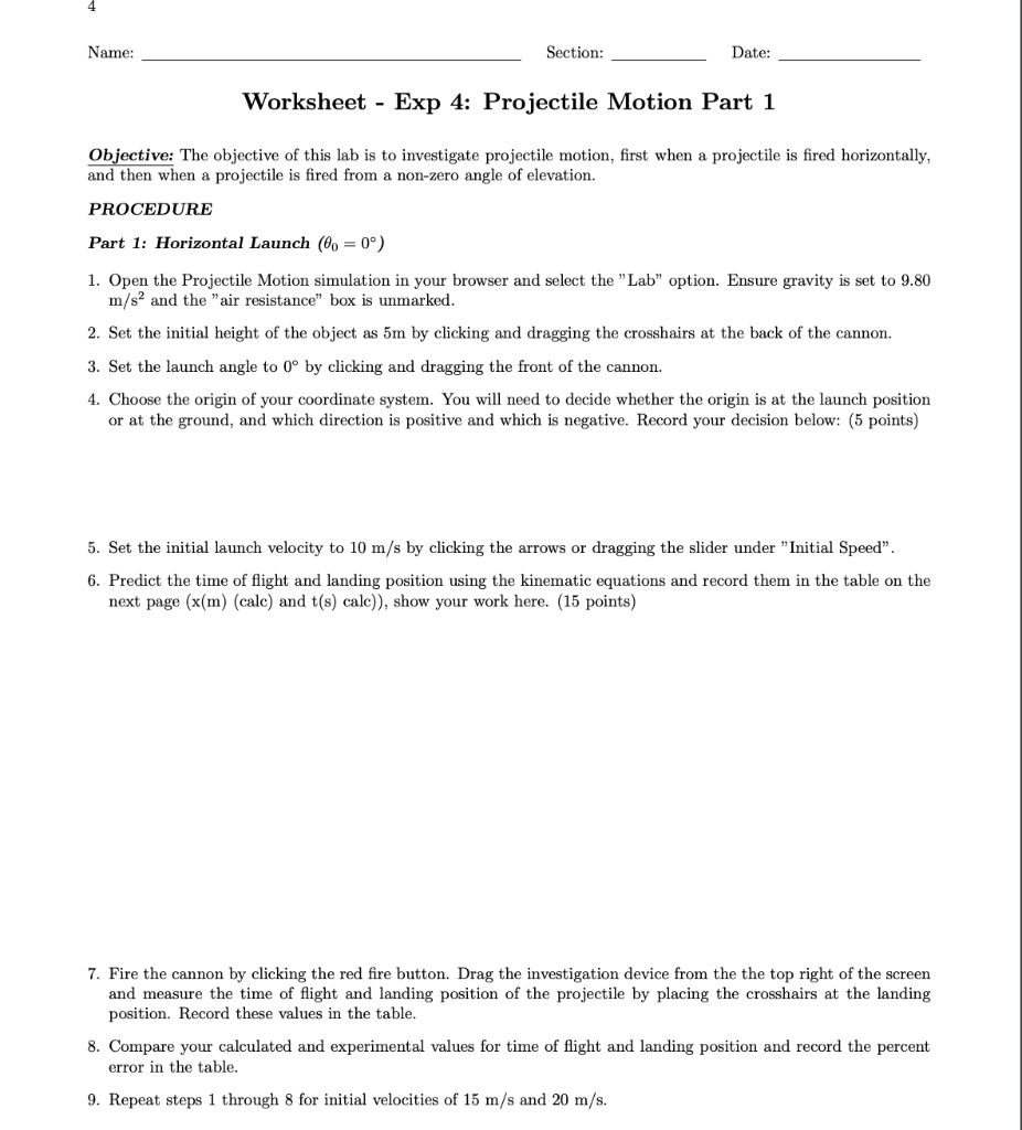 Solved Name: Section: Date: Worksheet - Exp 4: Projectile | Chegg.com