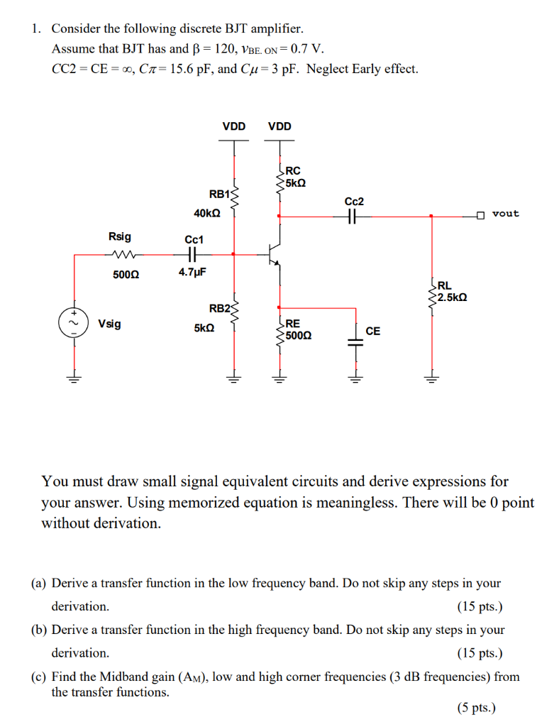 Solved 1. Consider the following discrete BJT amplifier. | Chegg.com