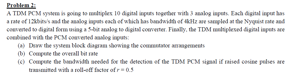 Solved Problem 2: A TDM PCM system is going to multiplex 10 | Chegg.com
