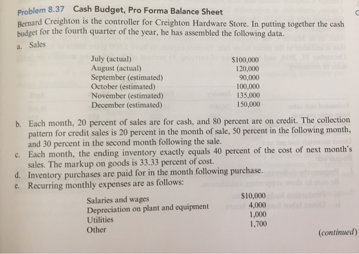 Solved Problem 8.37 Cash Budget, Pro Forma Balance Sheet | Chegg.com