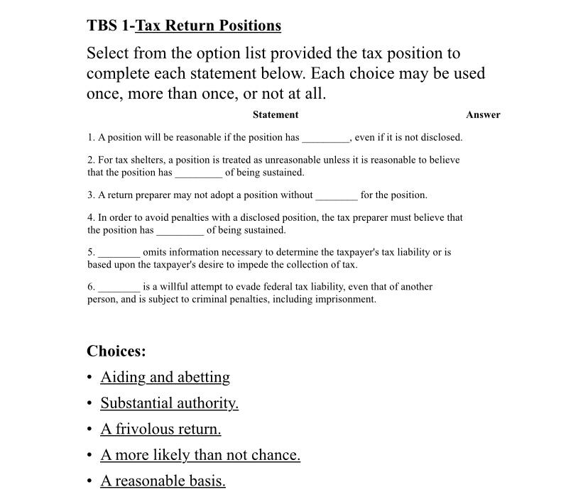 Solved TBS 1-Tax Return Positions Select from the option | Chegg.com