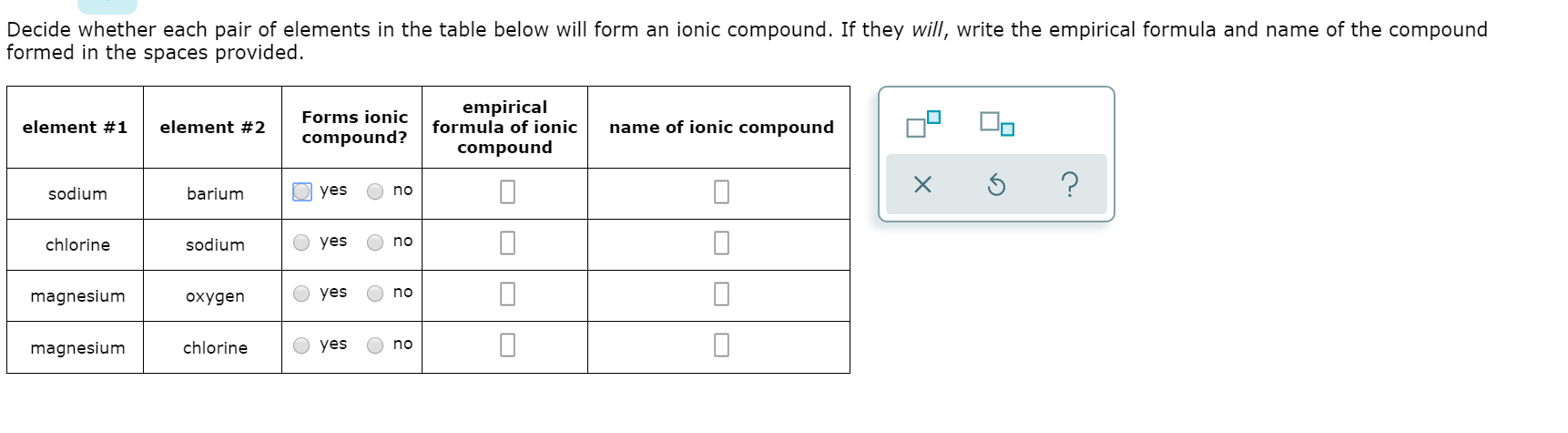 Solved Decide whether each pair of elements in the table | Chegg.com