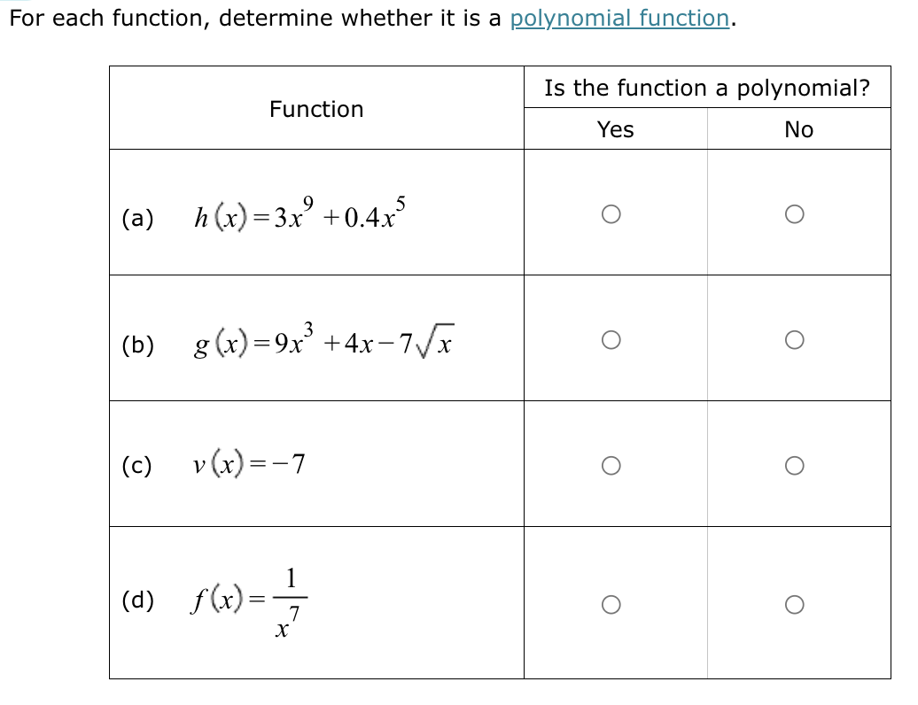 Solved For each function, determine whether it is a | Chegg.com