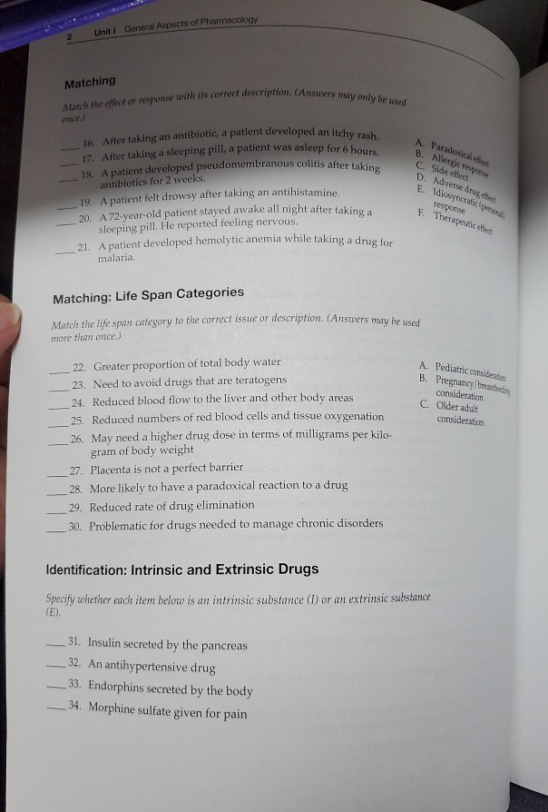 Solved Unit i General Aspects of Pharmacology Matching Match | Chegg.com