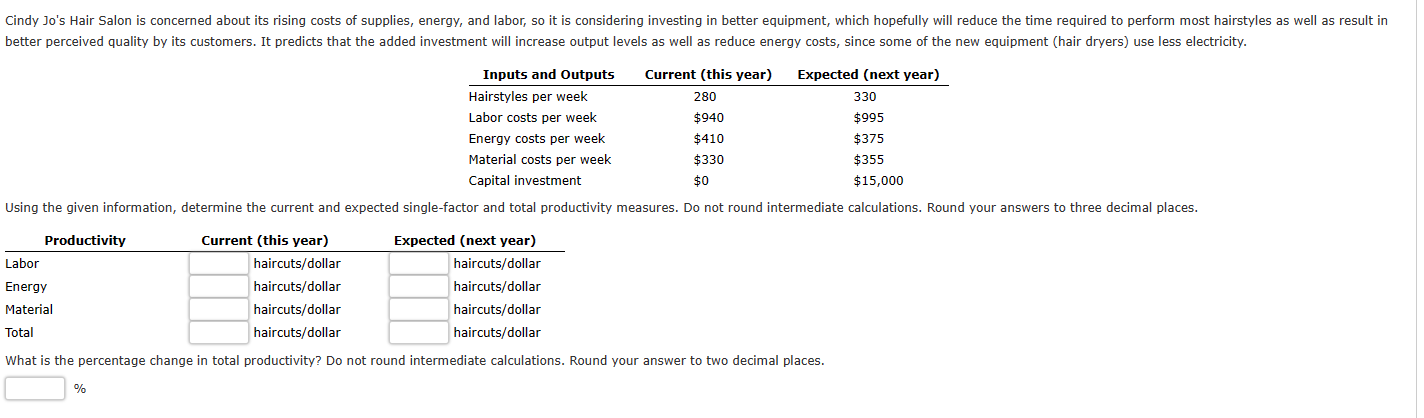 Solved What is the percentage change in total productivity? | Chegg.com