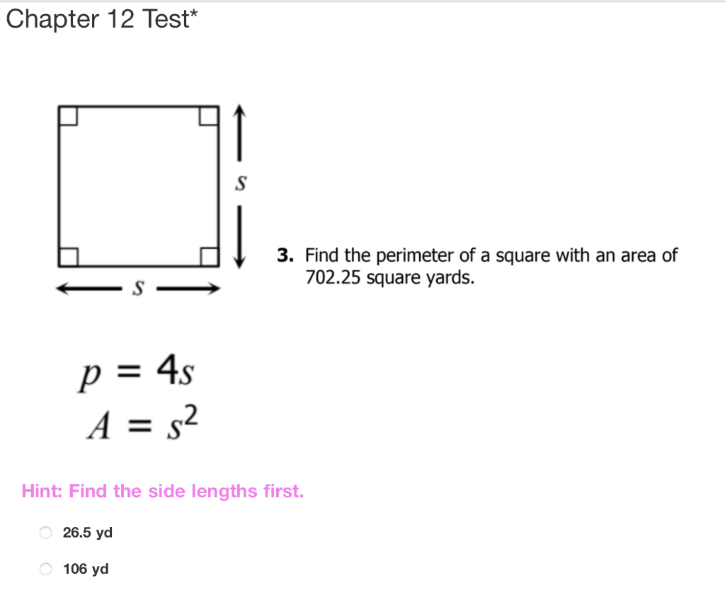 Solved Chapter 12 Test* S 3. Find the perimeter of a square | Chegg.com