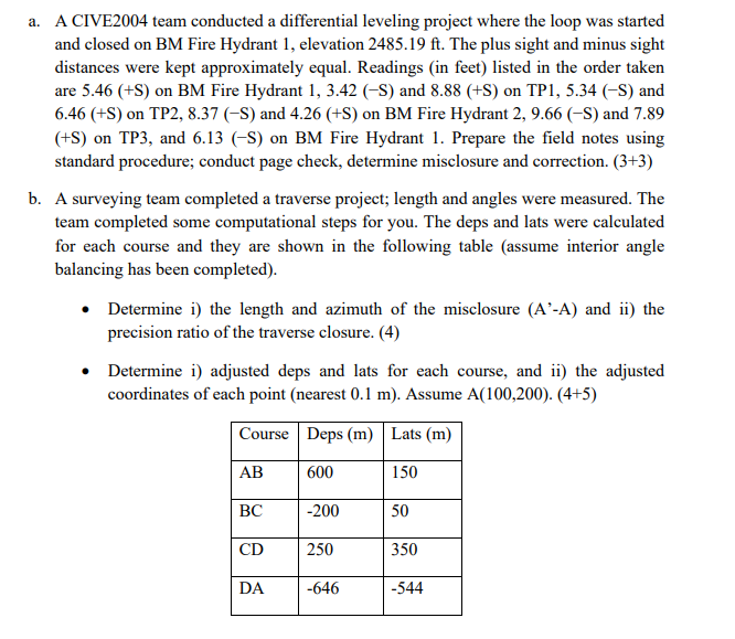 Solved a. A CIVE2004 team conducted a differential leveling | Chegg.com