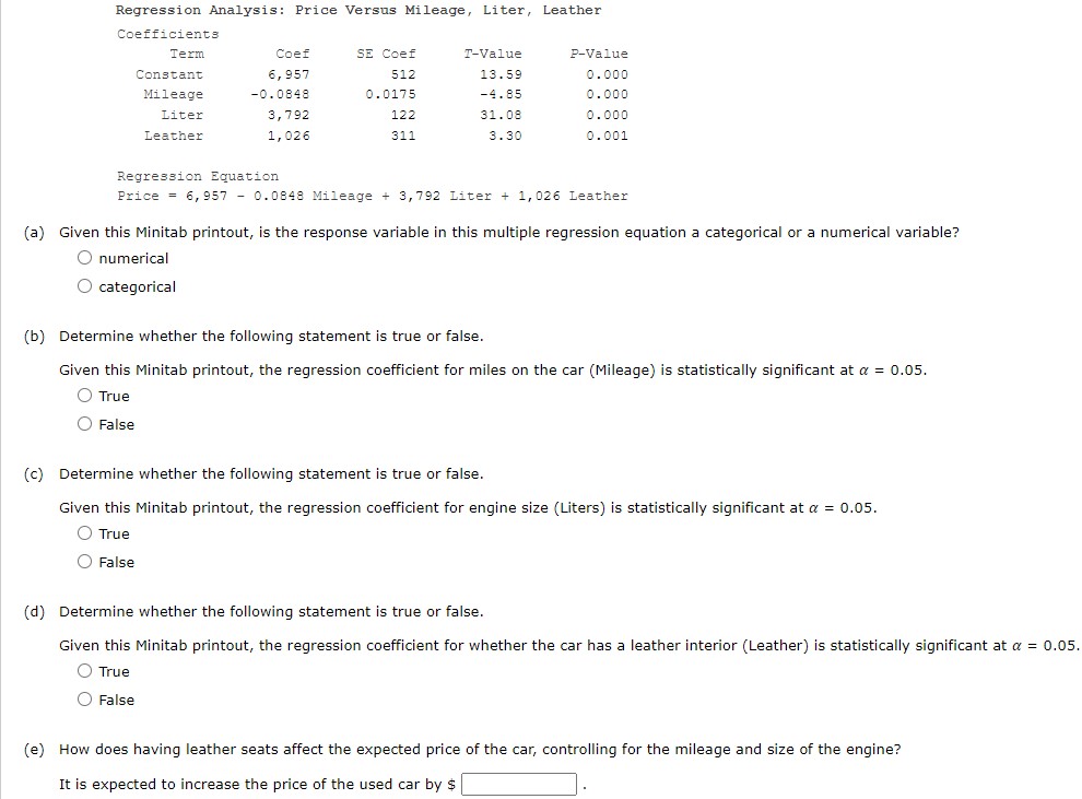 Solved The following multiple regression printout can be | Chegg.com