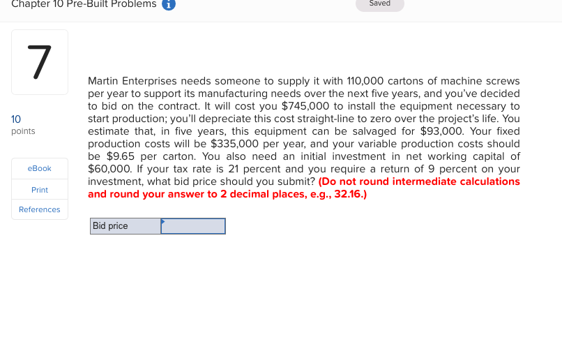 Solved Chapter 10 Pre-Built Problems i Saved points Martin | Chegg.com
